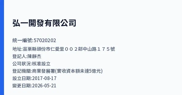 弘一開發有限公司的照片-統編 57020202(苗栗縣) 公司登記資料與營業項目詳細圖表