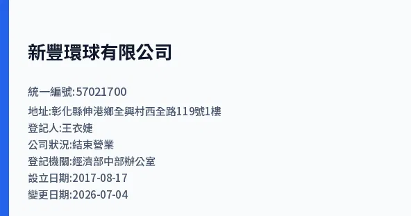 新豐環球有限公司的照片-統編 57021700(彰化縣) 公司登記資料與營業項目詳細圖表