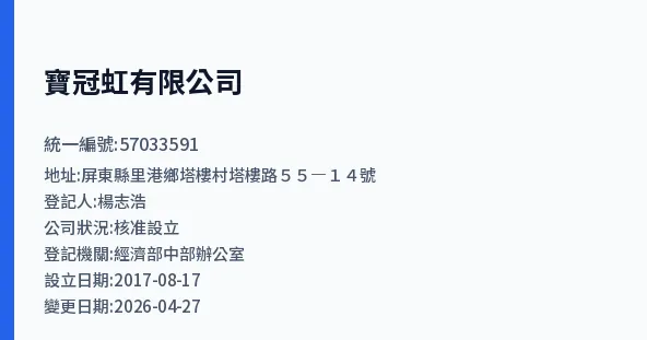 寶冠虹有限公司的照片-統編 57033591(屏東縣) 公司登記資料與營業項目詳細圖表