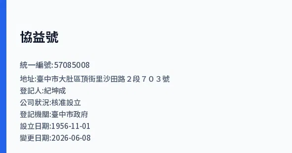 協益號的照片-統編 57085008(臺中市) 公司登記資料與營業項目詳細圖表