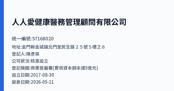 人人愛健康醫務管理顧問有限公司的照片-統編 57168020(金門縣) 公司登記資料與營業項目詳細圖表