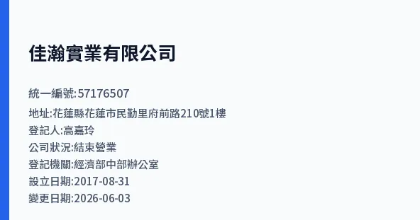 佳瀚實業有限公司的照片-統編 57176507(花蓮縣) 公司登記資料與營業項目詳細圖表