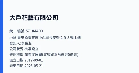 大戶花藝有限公司的照片-統編 57184400(臺東縣) 公司登記資料與營業項目詳細圖表