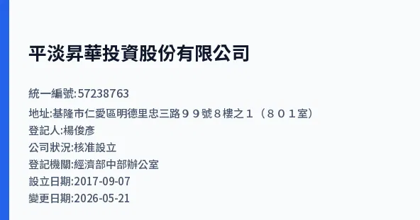 平淡昇華投資股份有限公司的照片-統編 57238763(基隆市) 公司登記資料與營業項目詳細圖表
