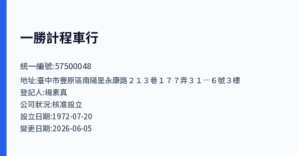 一勝計程車行的照片-統編 57500048(臺中市) 公司登記資料與營業項目詳細圖表
