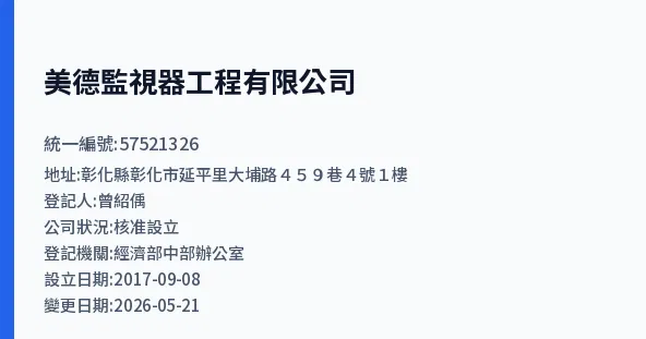 美德監視器工程有限公司的照片-統編 57521326(彰化縣) 公司登記資料與營業項目詳細圖表