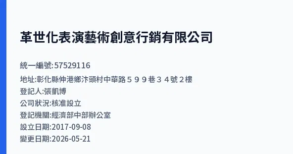 革世化表演藝術創意行銷有限公司的照片-統編 57529116(彰化縣) 公司登記資料與營業項目詳細圖表