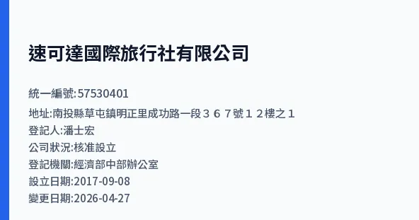 速可達國際旅行社有限公司的照片-統編 57530401(南投縣) 公司登記資料與營業項目詳細圖表