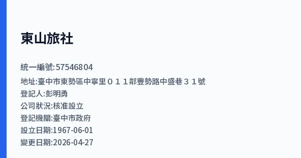 東山旅社的照片-統編 57546804(臺中市) 公司登記資料與營業項目詳細圖表