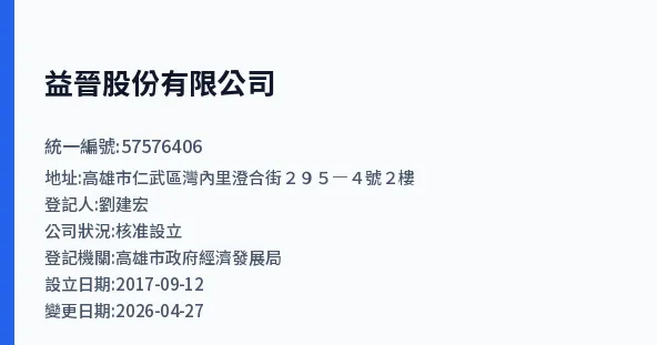 益晉股份有限公司的照片-統編 57576406(高雄市) 公司登記資料與營業項目詳細圖表