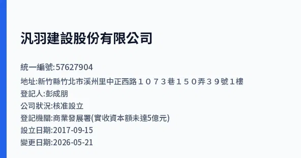 汎羽建設股份有限公司的照片-統編 57627904(新竹縣) 公司登記資料與營業項目詳細圖表