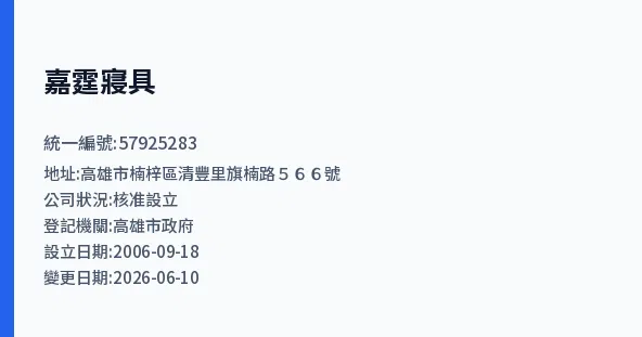 嘉霆寢具的照片-統編 57925283(高雄市) 公司登記資料與營業項目詳細圖表