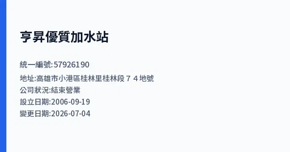 亨昇優質加水站的照片-統編 57926190(高雄市) 公司登記資料與營業項目詳細圖表