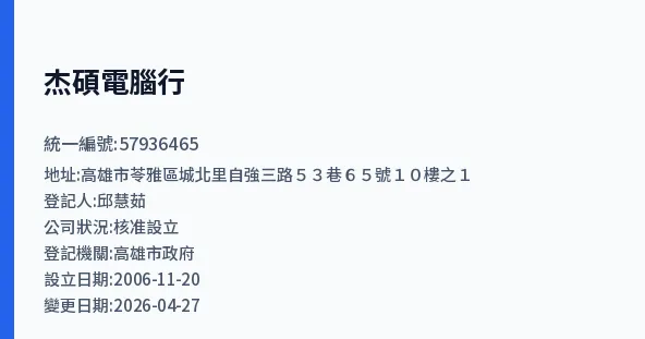 杰碩電腦行的照片-統編 57936465(高雄市) 公司登記資料與營業項目詳細圖表