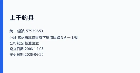 上千釣具的照片-統編 57939553(高雄市) 公司登記資料與營業項目詳細圖表