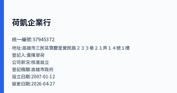 荷凱企業行的照片-統編 57945372(高雄市) 公司登記資料與營業項目詳細圖表