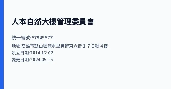 人本自然大樓管理委員會的照片-統編 57945577(高雄市) 公司登記資料與營業項目詳細圖表