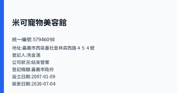 米可寵物美容館的照片-統編 57946098(嘉義市) 公司登記資料與營業項目詳細圖表