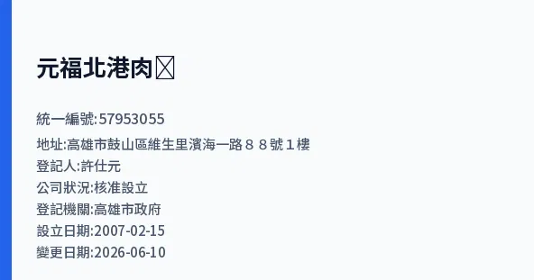 元福北港肉焿的照片-統編 57953055(高雄市) 公司登記資料與營業項目詳細圖表