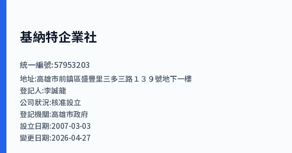 基納特企業社的照片-統編 57953203(高雄市) 公司登記資料與營業項目詳細圖表