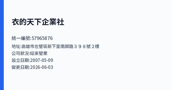 衣的天下企業社的照片-統編 57965876(高雄市) 公司登記資料與營業項目詳細圖表
