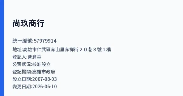 尚玖商行的照片-統編 57979914(高雄市) 公司登記資料與營業項目詳細圖表