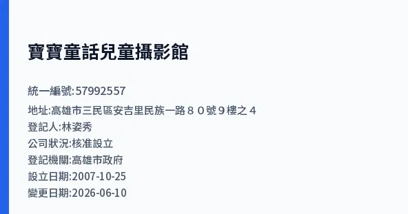 寶寶童話兒童攝影館的照片-統編 57992557(高雄市) 公司登記資料與營業項目詳細圖表