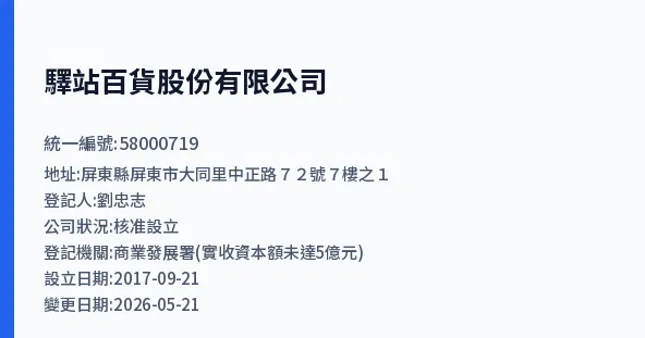 驛站百貨股份有限公司的照片-統編 58000719(屏東縣) 公司登記資料與營業項目詳細圖表