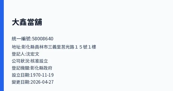 大鑫當舖的照片-統編 58008640(彰化縣) 公司登記資料與營業項目詳細圖表