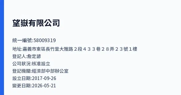 望嶽有限公司的照片-統編 58009319(嘉義市) 公司登記資料與營業項目詳細圖表