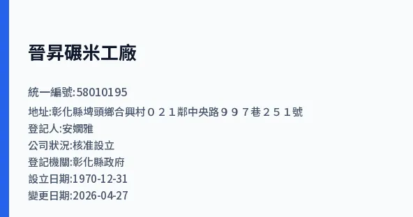 晉昇碾米工廠的照片-統編 58010195(彰化縣) 公司登記資料與營業項目詳細圖表