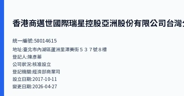 香港商邁世國際瑞星控股亞洲股份有限公司台灣分公司的照片-統編 58014615(臺北市) 公司登記資料與營業項目詳細圖表