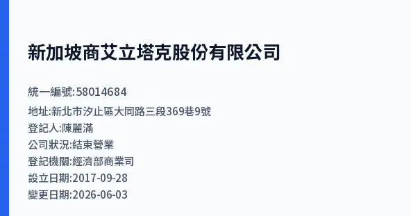 新加坡商艾立塔克股份有限公司的照片-統編 58014684(新北市) 公司登記資料與營業項目詳細圖表