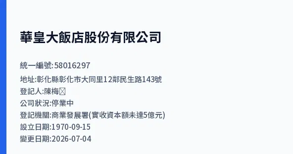華皇大飯店股份有限公司的照片-統編 58016297(彰化縣) 公司登記資料與營業項目詳細圖表