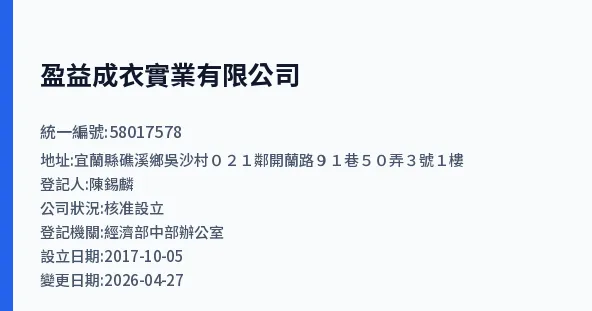 盈益成衣實業有限公司的照片-統編 58017578(宜蘭縣) 公司登記資料與營業項目詳細圖表