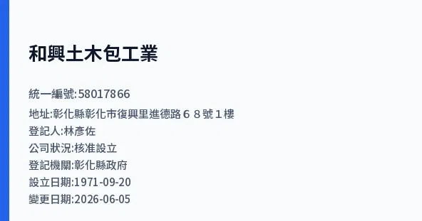 和興土木包工業的照片-統編 58017866(彰化縣) 公司登記資料與營業項目詳細圖表