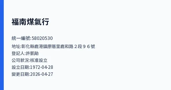 福南煤氣行的照片-統編 58020530(彰化縣) 公司登記資料與營業項目詳細圖表