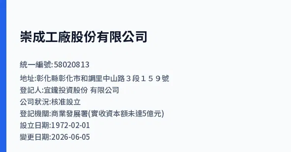 崇成工廠股份有限公司的照片-統編 58020813(彰化縣) 公司登記資料與營業項目詳細圖表