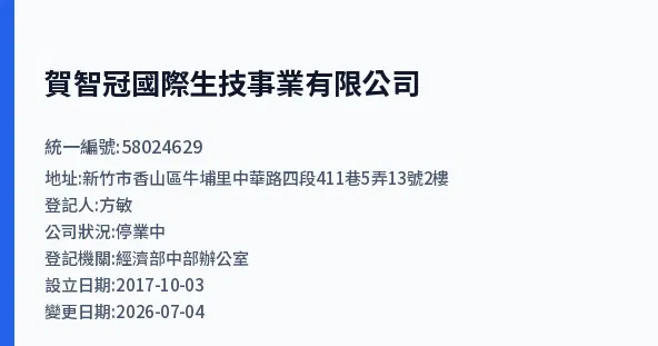 賀智冠國際生技事業有限公司的照片-統編 58024629(新竹市) 公司登記資料與營業項目詳細圖表
