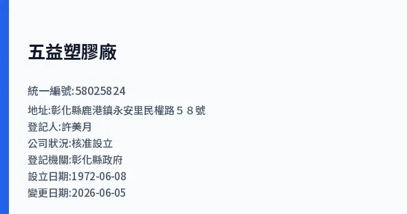 五益塑膠廠的照片-統編 58025824(彰化縣) 公司登記資料與營業項目詳細圖表