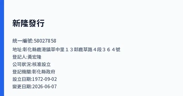 新隆發行的照片-統編 58027858(彰化縣) 公司登記資料與營業項目詳細圖表