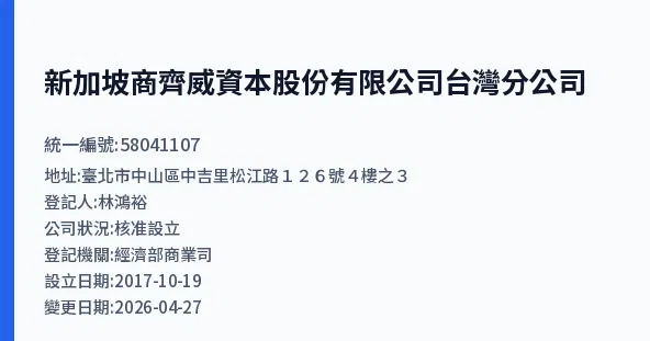 新加坡商齊威資本股份有限公司台灣分公司的照片-統編 58041107(臺北市) 公司登記資料與營業項目詳細圖表