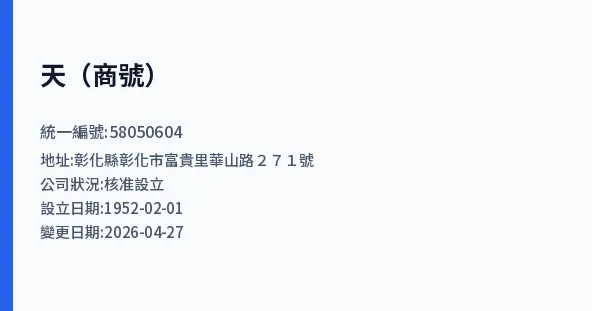 天(商號)的照片-統編 58050604(彰化縣) 公司登記資料與營業項目詳細圖表