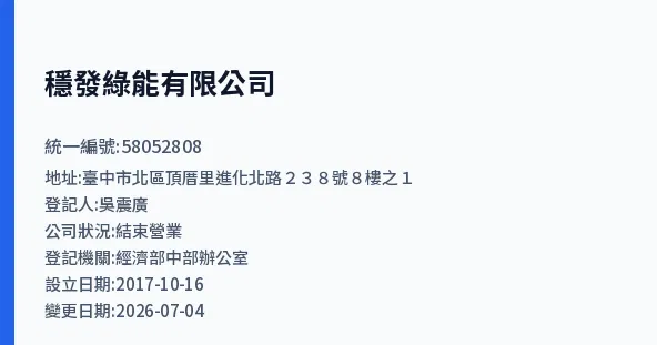 穩發綠能有限公司的照片-統編 58052808(臺中市) 公司登記資料與營業項目詳細圖表