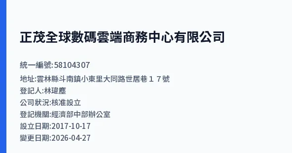 正茂全球數碼雲端商務中心有限公司的照片-統編 58104307(雲林縣) 公司登記資料與營業項目詳細圖表