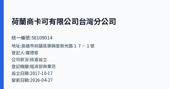 荷蘭商卡可有限公司台灣分公司的照片-統編 58109014(高雄市) 公司登記資料與營業項目詳細圖表