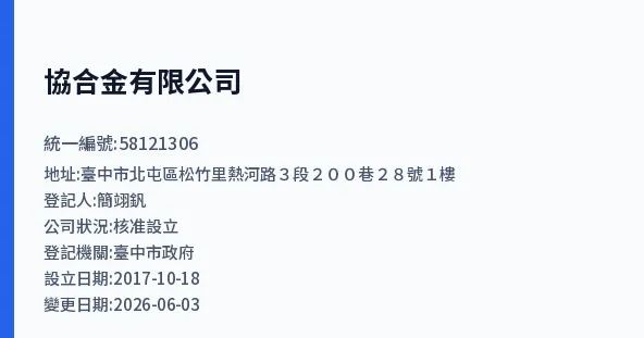 協合金有限公司的照片-統編 58121306(臺中市) 公司登記資料與營業項目詳細圖表
