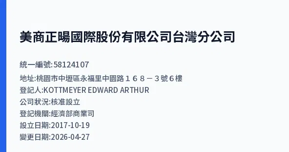 美商正暘國際股份有限公司台灣分公司的照片-統編 58124107(桃園市) 公司登記資料與營業項目詳細圖表