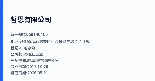 哲恩有限公司的照片-統編 58146405(彰化縣) 公司登記資料與營業項目詳細圖表