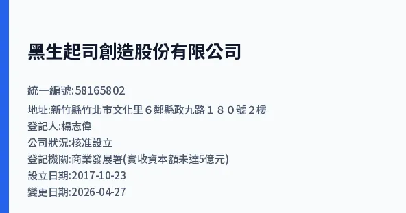 黑生起司創造股份有限公司的照片-統編 58165802(新竹縣) 公司登記資料與營業項目詳細圖表